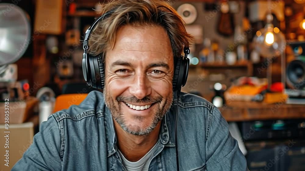 A medium-length film shows a cheerful adult male podcaster sitting with ...