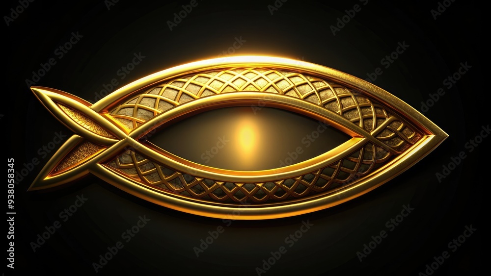 A golden Christian fish symbol, also known as Ichthys, shines brightly ...