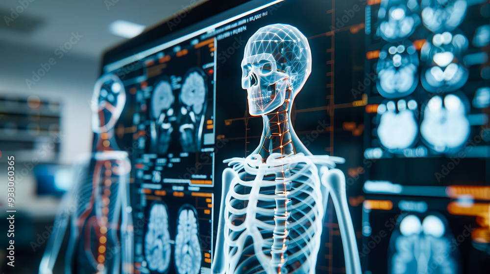 Detailed medical imaging showcasing a human skeleton and brain scans on ...