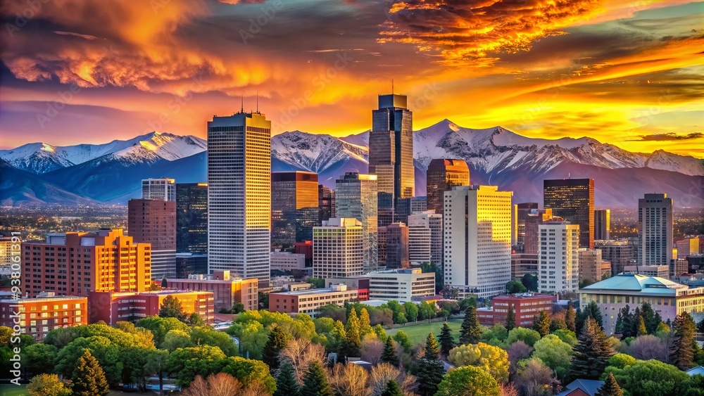 Vibrant sunset casts a warm glow on the modern high-rise buildings and ...