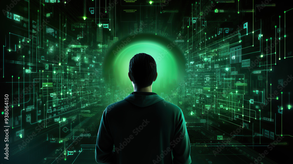generated illustration of Rear view of man looking at a digital glowing ...