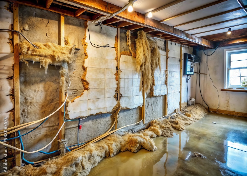 Water-damaged wall ripped out to reveal insulation and wiring, exposing ...