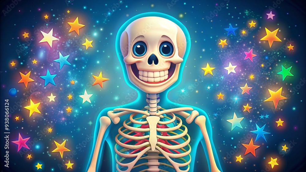 Whimsical cartoon x-ray illustration of a smiling skeleton's internal ...