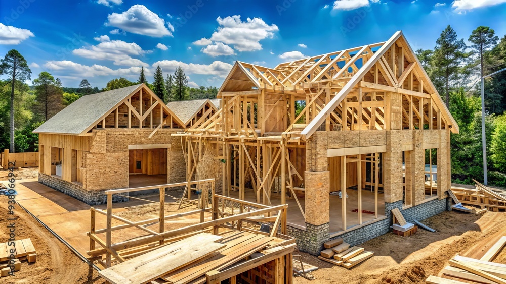 Wooden beams of a timber frame house with OSB plywood sheathing under ...