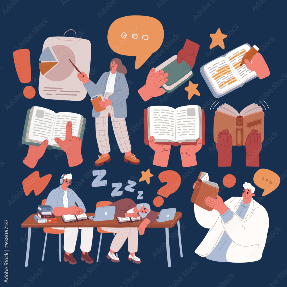 Cartoon vector illustration of Smiling man reading a book. Teachers ...