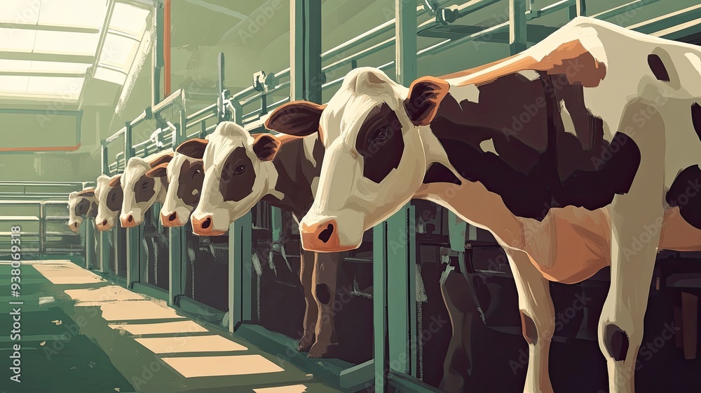 Cows being milked in a modern milking parlor, with a focus on the ...