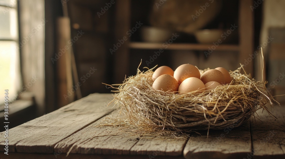 Fresh eggs from the farm, still covered in a light layer of straw, set ...