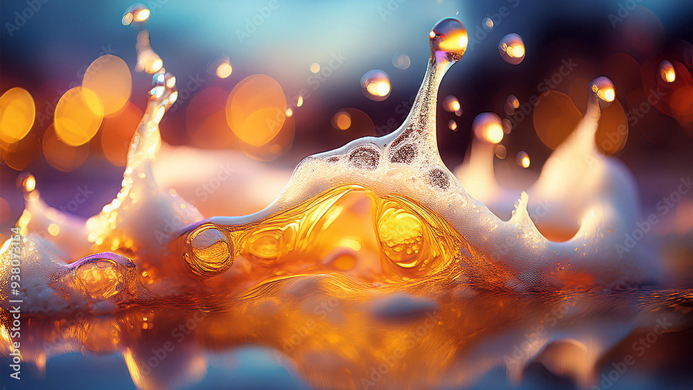 Arte abstrata fluida espuma de cerveja, branca desfocada, luzes boke coloridas. Banner para site ...