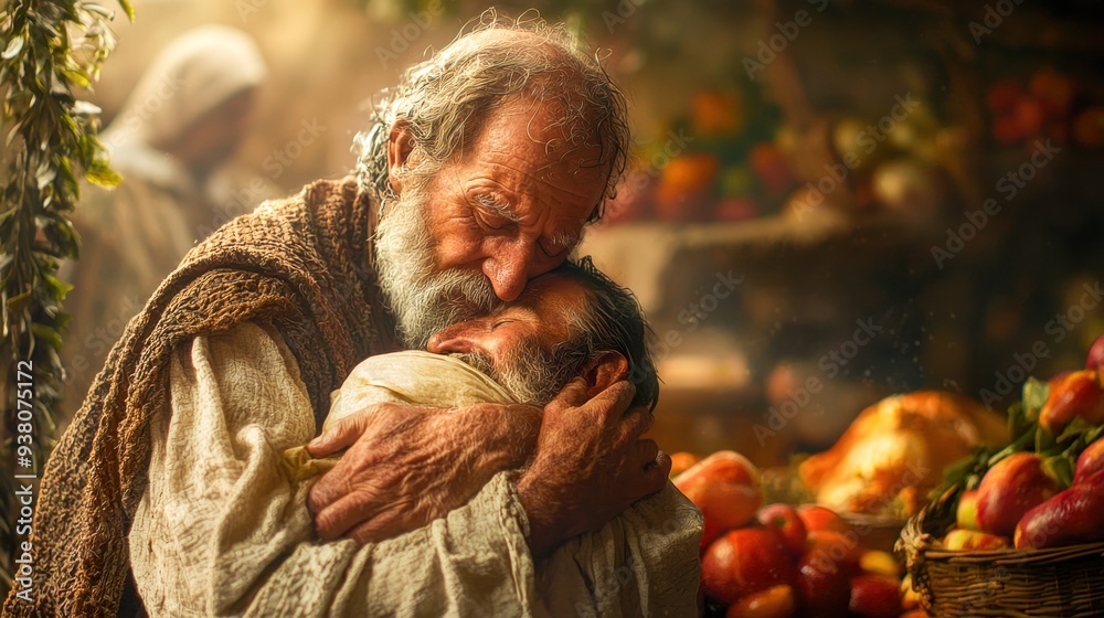 The Prodigal Son returns, embraced by his father, with a lavish feast ...