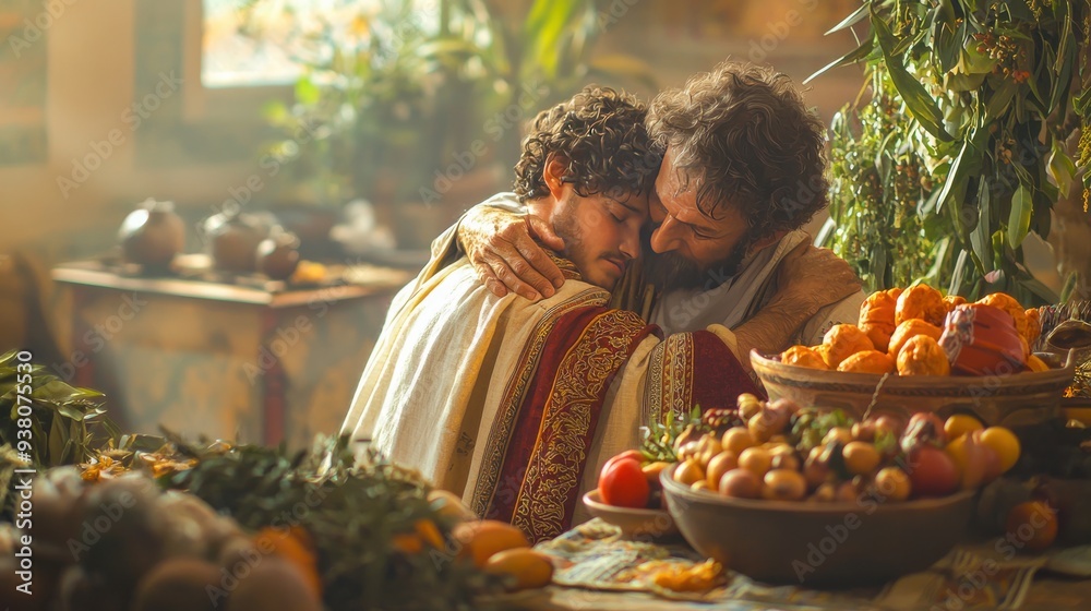 The Prodigal Son returns, embraced by his father, with a lavish feast ...