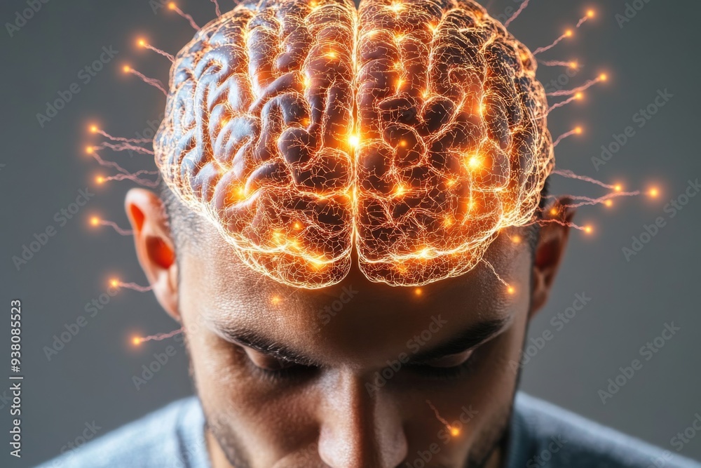 Man with a glowing brain symbolizing cognitive power intelligence and ...