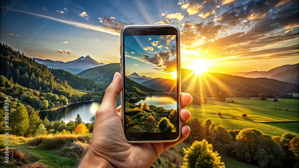 A modern smartphone is held by a hand, capturing a scenic landscape ...