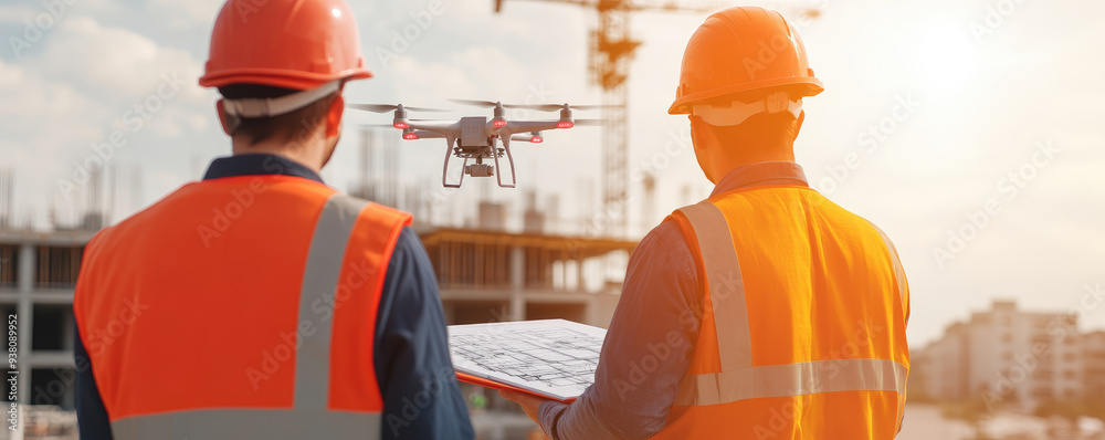 Construction site monitoring, workers assess plans while a drone ...