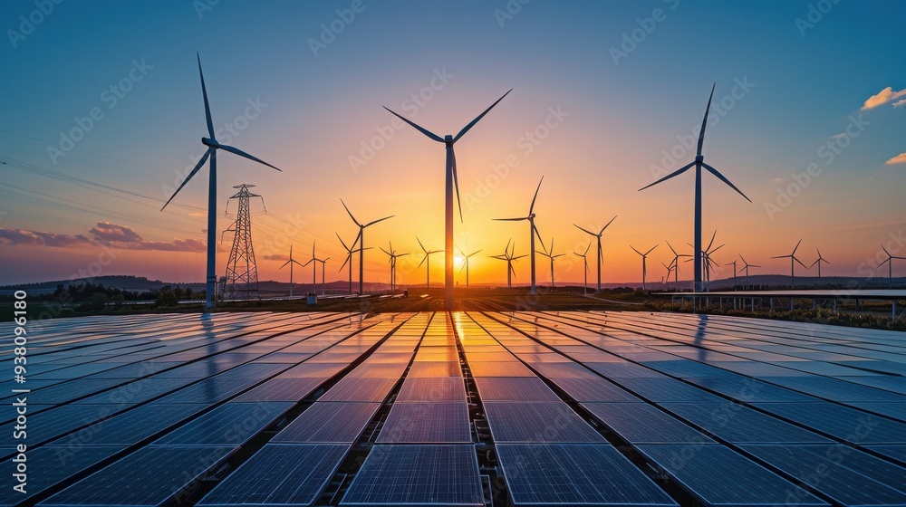 A wind turbine rotates gently at sunset within a solar renewable energy ...