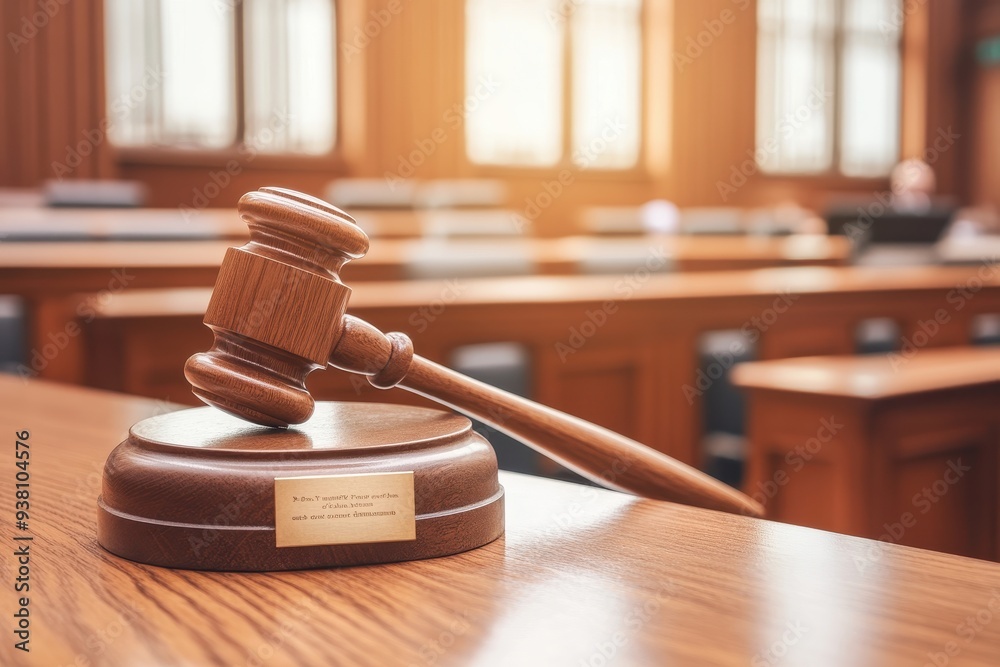Judge's gavel placed on the bench next to a nameplate, with copy space ...
