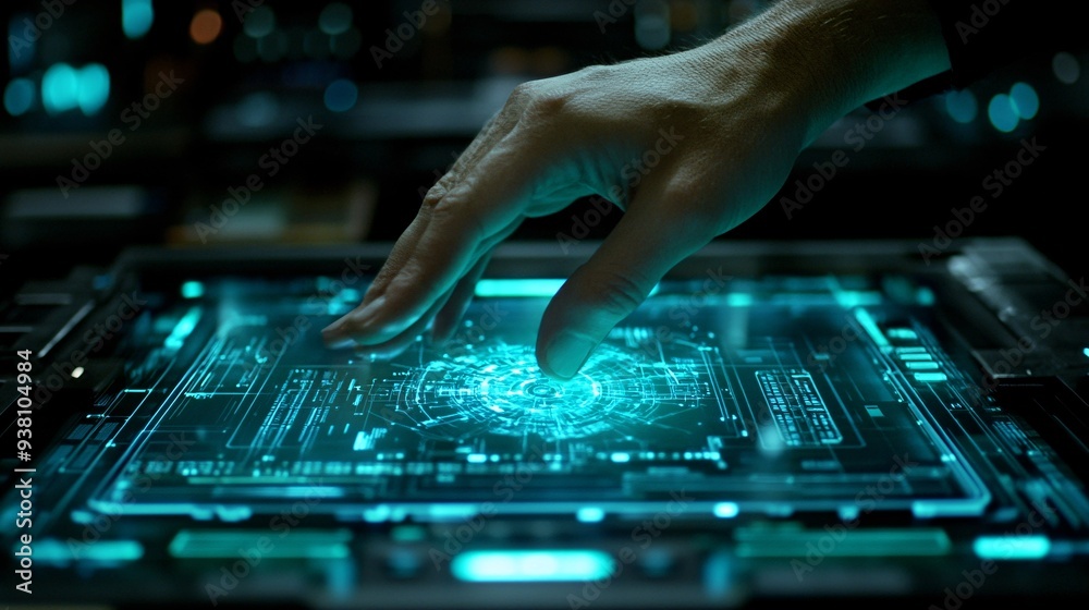 A close-up view of an engineers hand making adjustments to a glowing 3D ...