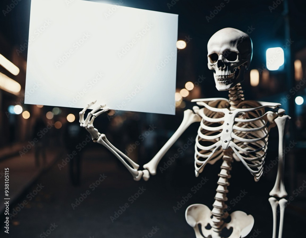 Skeleton figure stands holding up blank white poster. The skeleton's ...