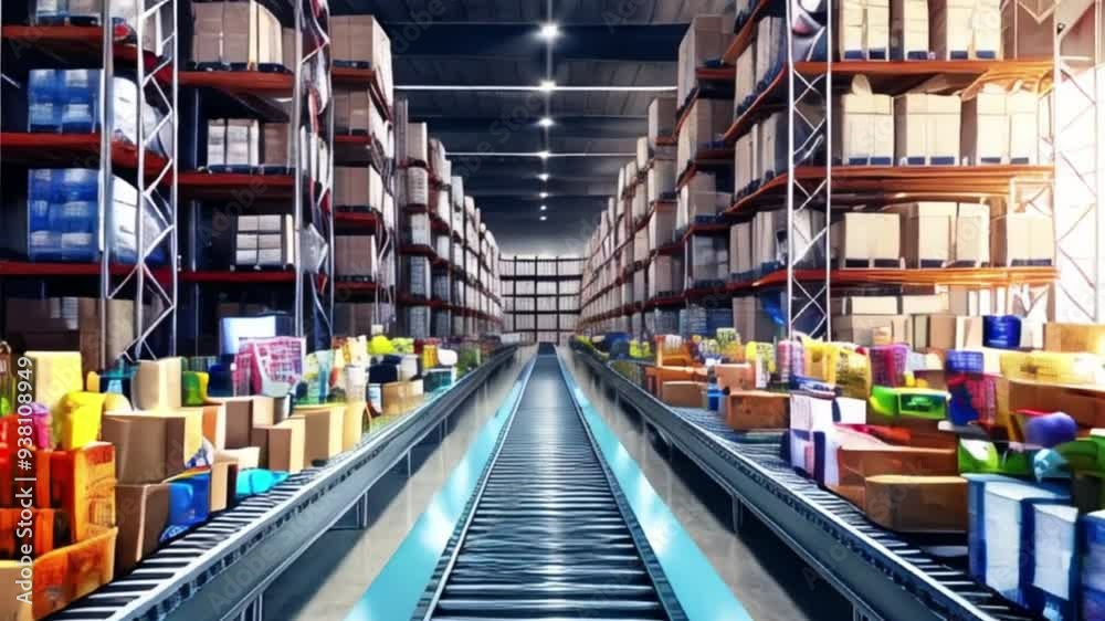 A vast, well-lit logistics warehouse with rows of towering shelves and ...