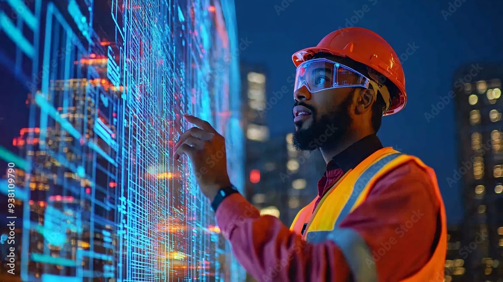 An engineer standing on a construction site reviewing a 3D holographic ...