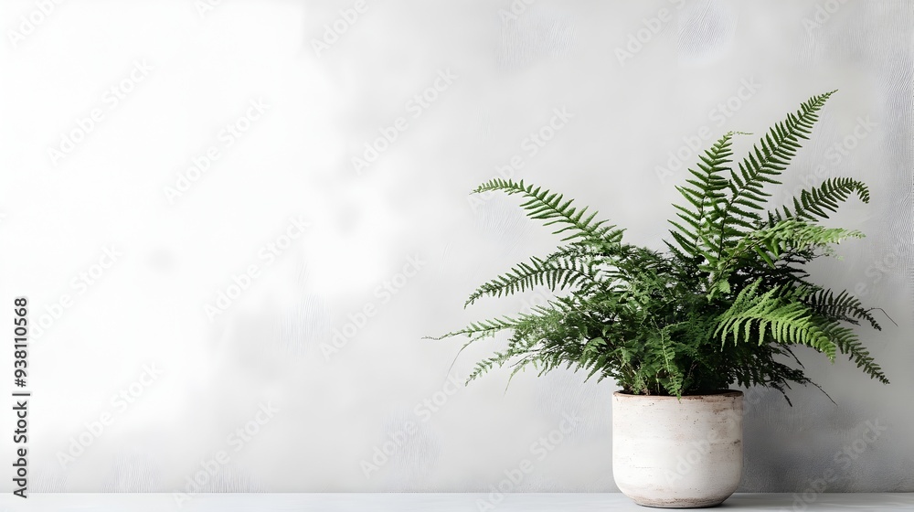Photograph showcasing a potted fern plant placed in a simple minimalist ...