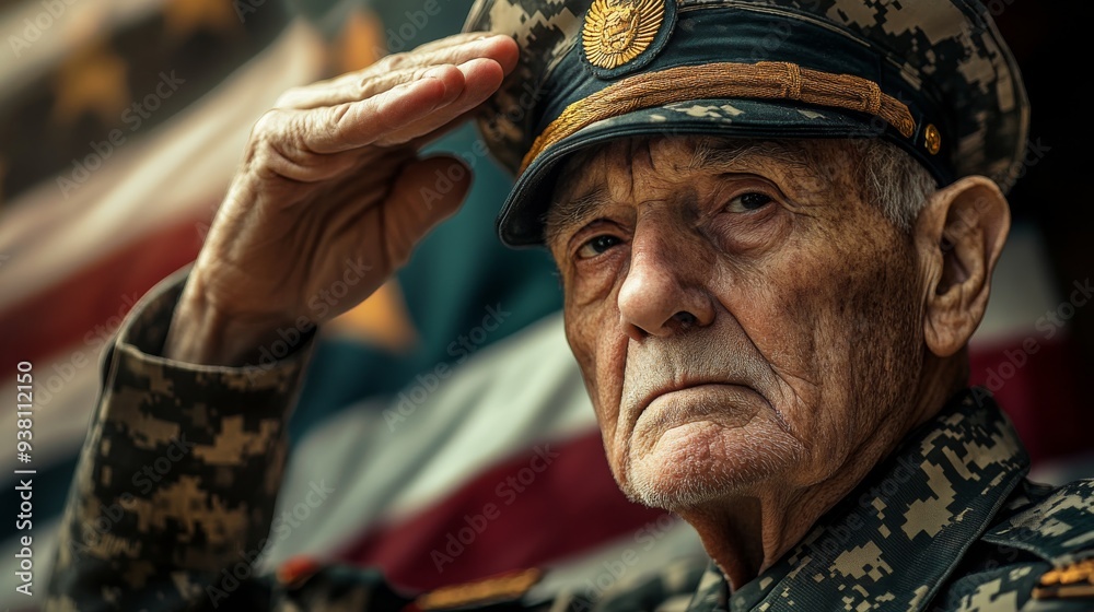 An elderly military veteran, wearing a decorated uniform, salutes with ...