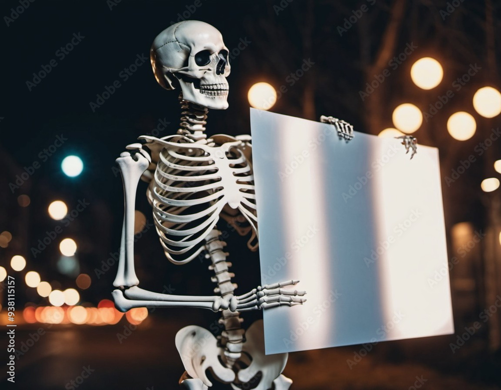 Skeleton figure stands holding up blank white poster. The skeleton's ...