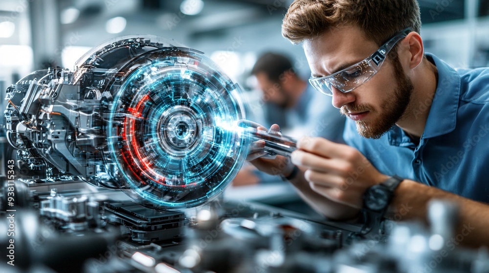 An engineer fine-tuning a complex machinery design using a 3D hologram ...