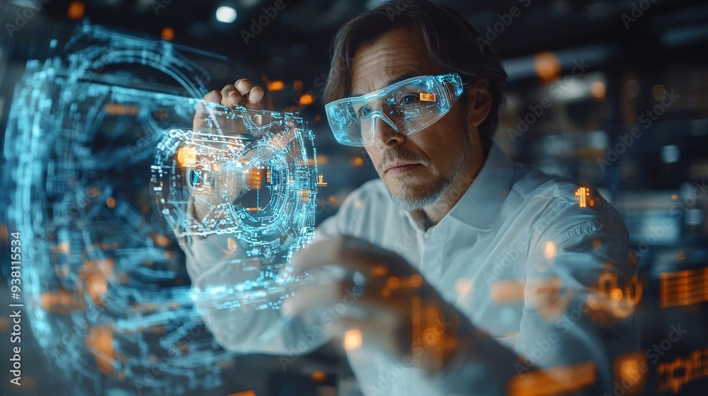 An engineer fine-tuning a complex machinery design using a 3D hologram ...