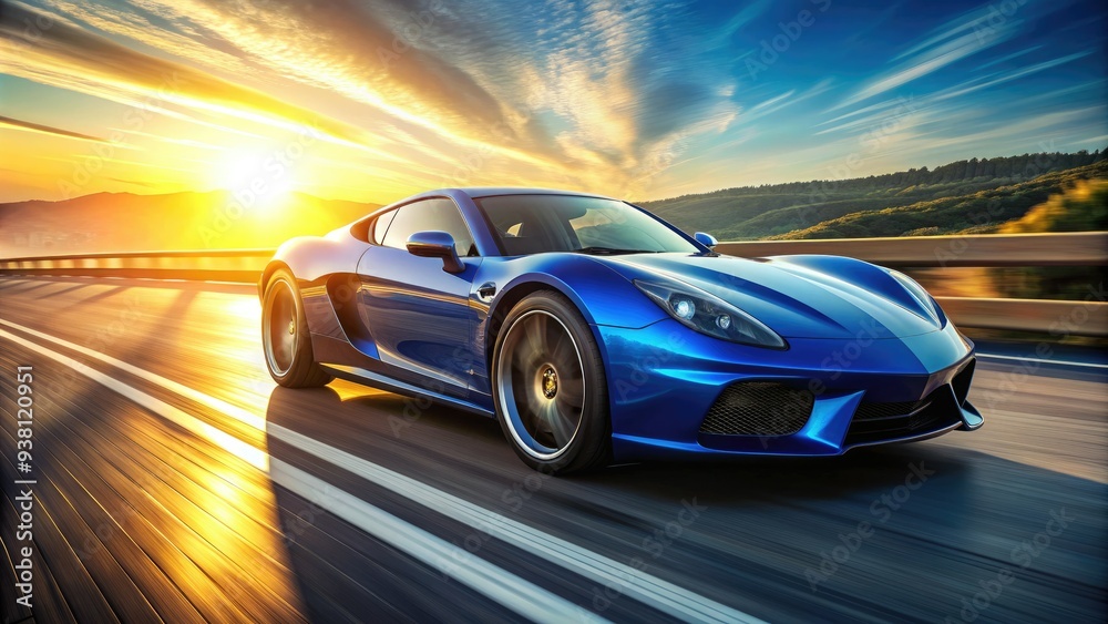 A sleek, high-performance blue sports car with a glossy vinyl wrap ...