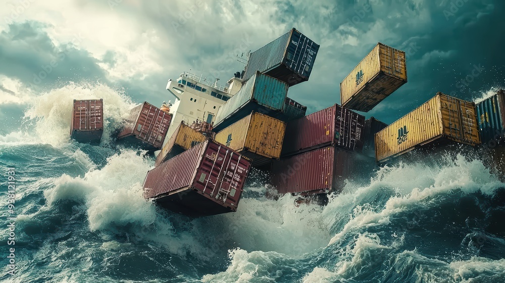 A cargo ship struggles against towering waves, with containers tumbling ...