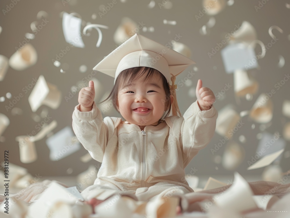 Smiling babies in graduation caps give thumbs up, surrounded by flying ...