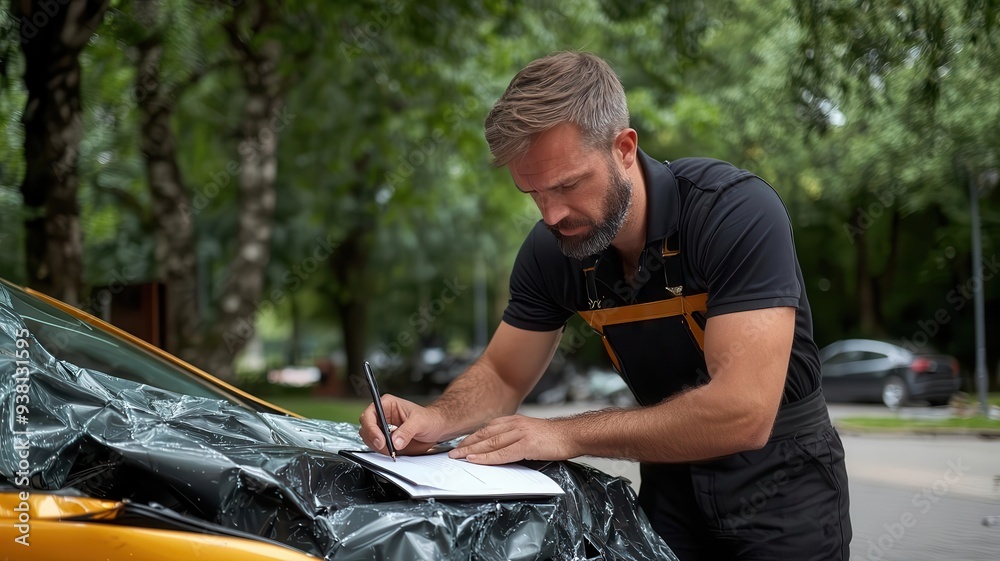 Insurance adjuster evaluating a damaged car at the accident scene ...