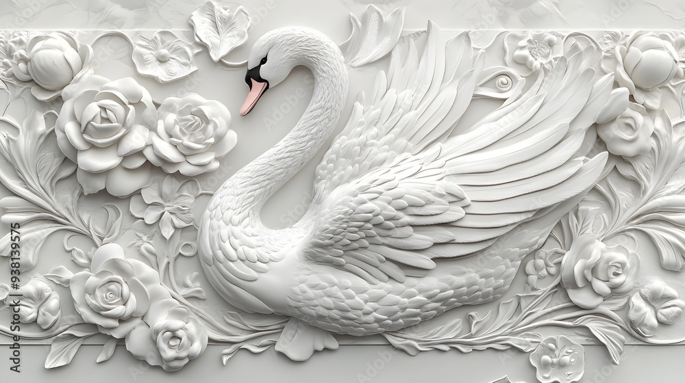 39. **A detailed 3D render of a ceramic tile art featuring a regal swan ...