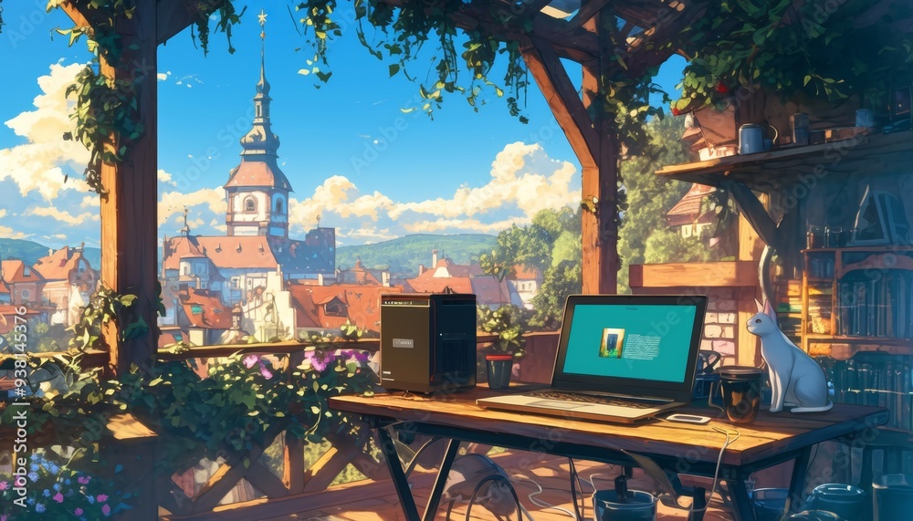 Idyllic Bavarian Outdoor Workspace: Anime-Style Illustration of Laptop ...