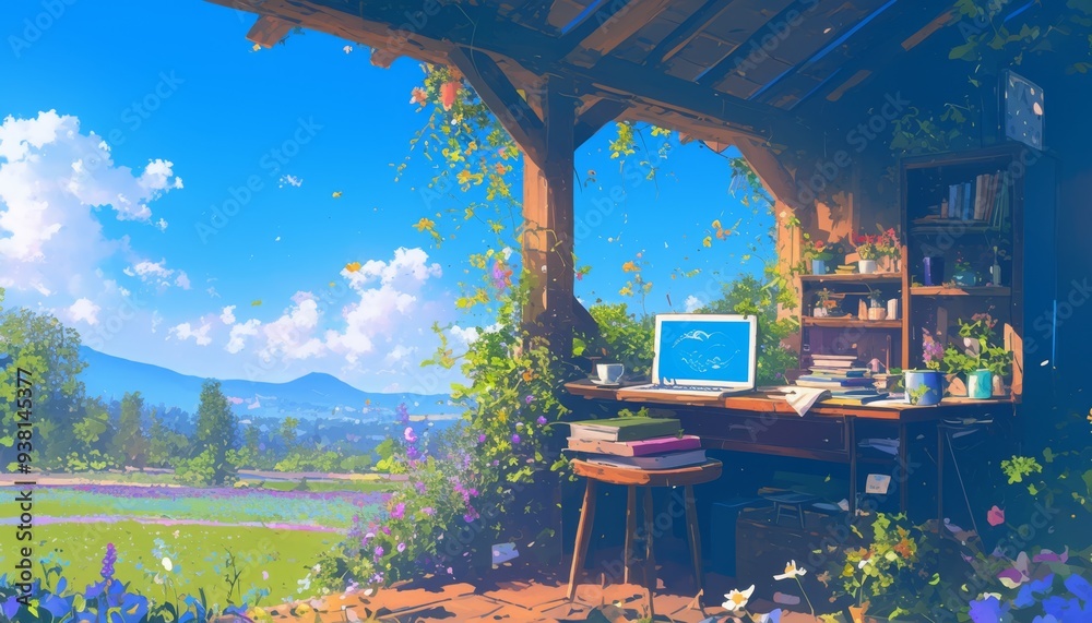 Idyllic Bavarian Outdoor Workspace: Anime-Style Illustration of Laptop ...