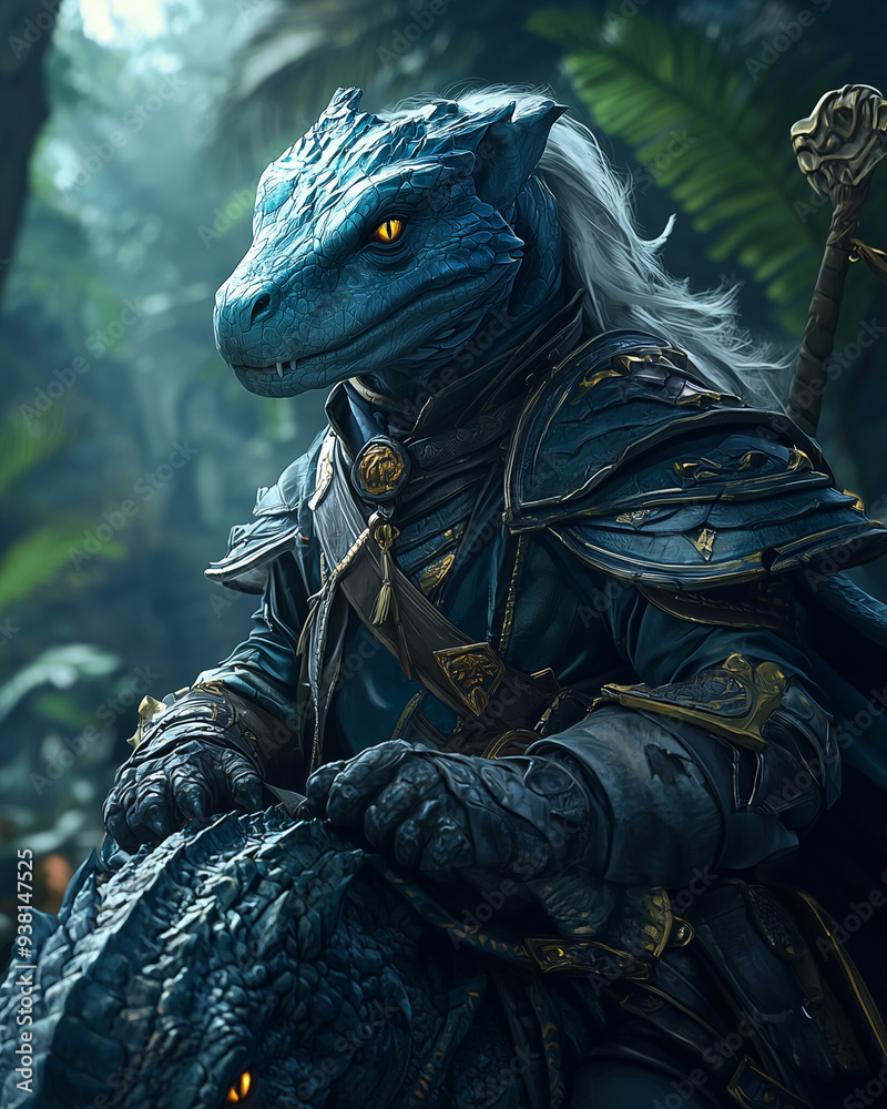 fearsome lizardfolk warrior with blue scaled skin and piercing yellow ...