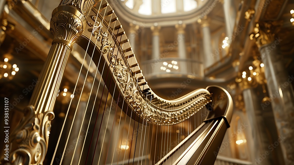Elegant harp with intricate carvings, positioned in a grand hall with ...