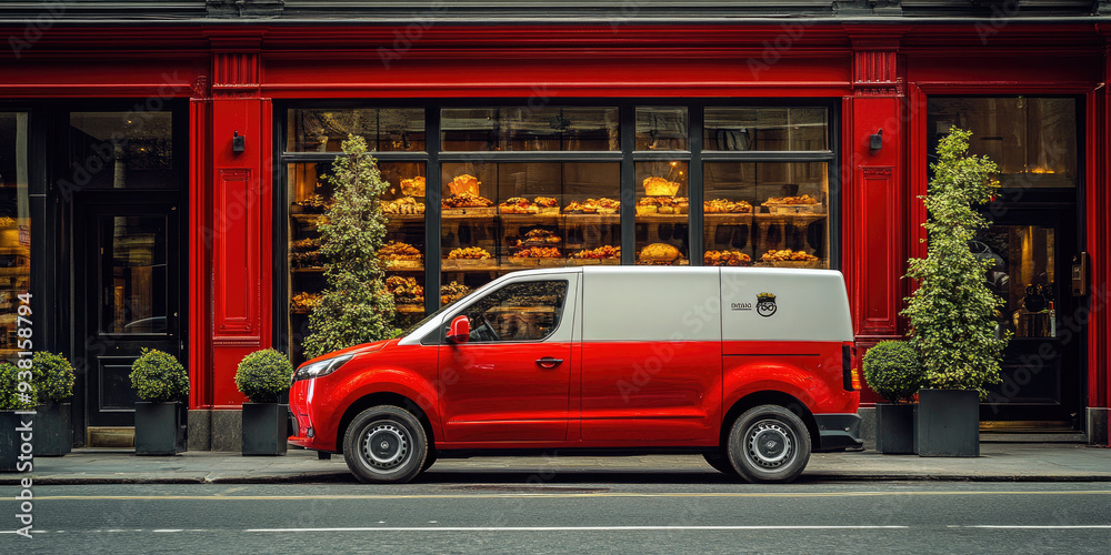 Red and white delivery van parked on a city street in front of a bakery ...