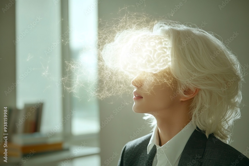 Androgynous figure with a glowing head exhaling light particles ...