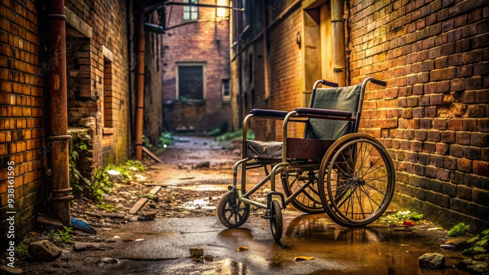 A worn, rusty wheelchair abandoned in a dimly lit, neglected alleyway ...