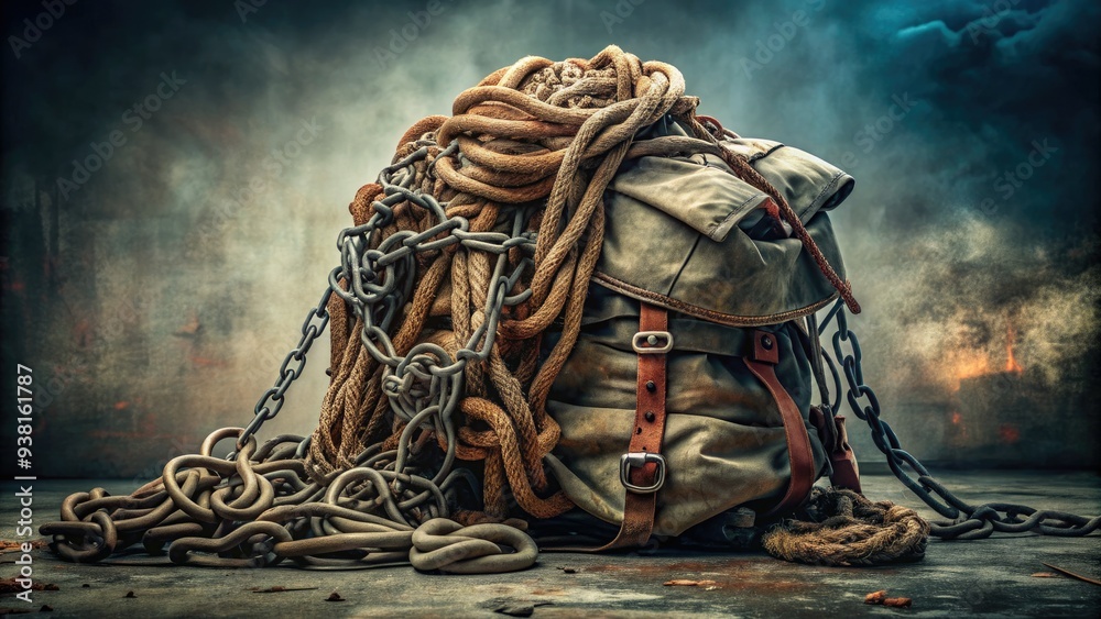 A worn, weathered backpack overflowing with tangled ropes, heavy chains ...