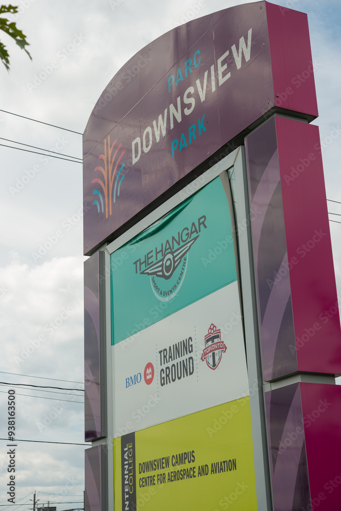 pylon road sign at Downsview Park, a national urban park at a former military base, principal ...