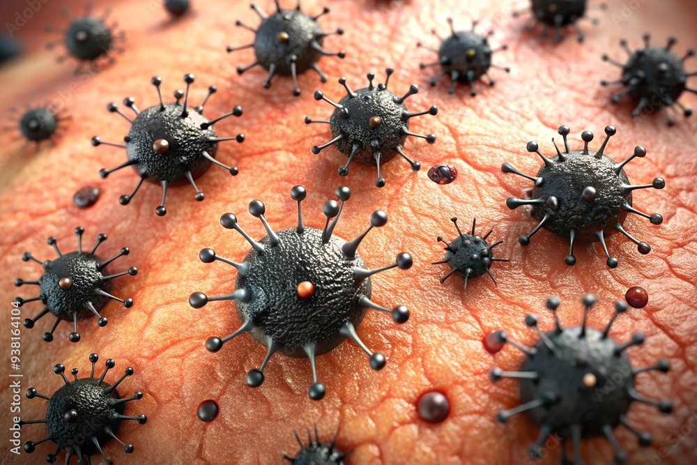 Microscopic Threat: A close-up, abstract image of numerous black virus ...