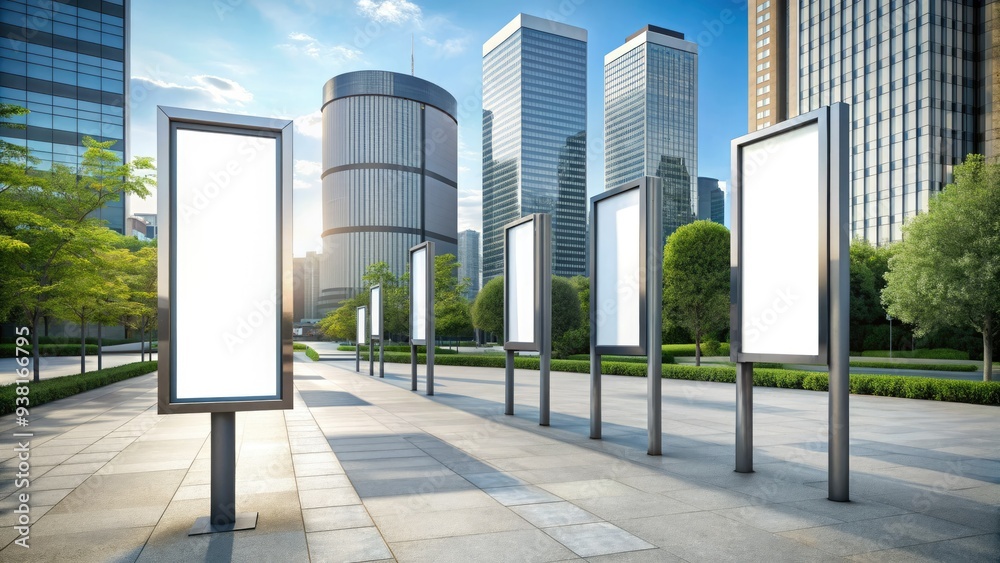 Blank modern street signs with clipping paths stand upright on a gray ...