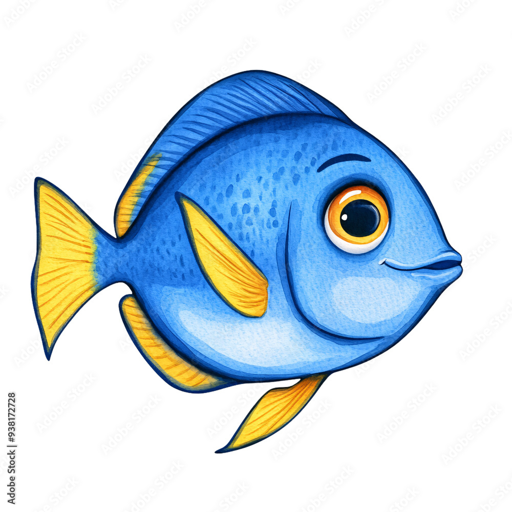 Blue Tang Fish Illustration: A whimsical, hand-drawn illustration of a ...
