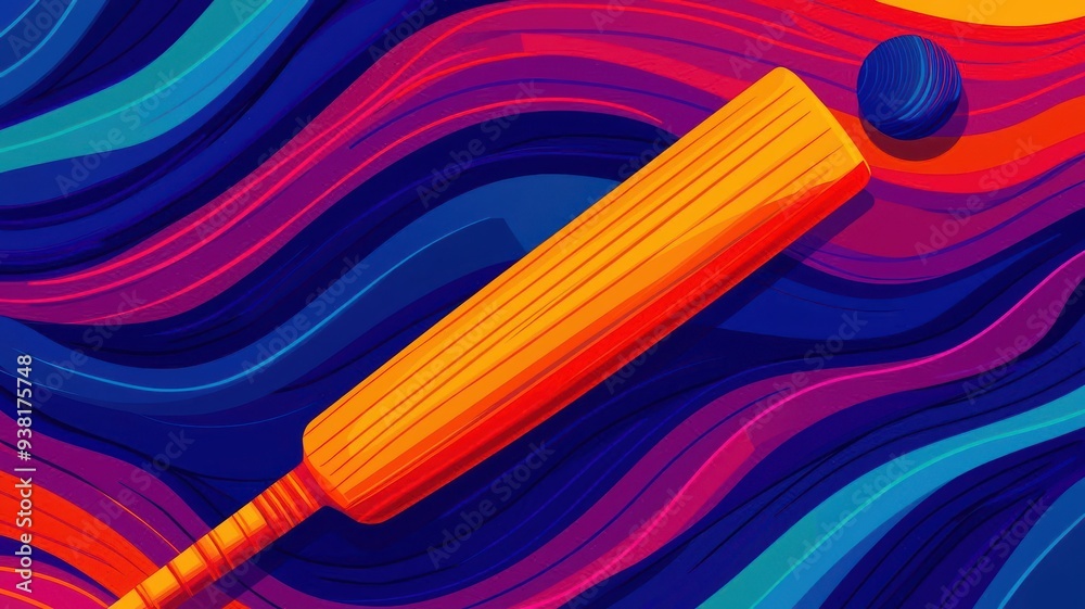 Vibrant illustration of a cricket bat and ball, featuring dynamic waves ...