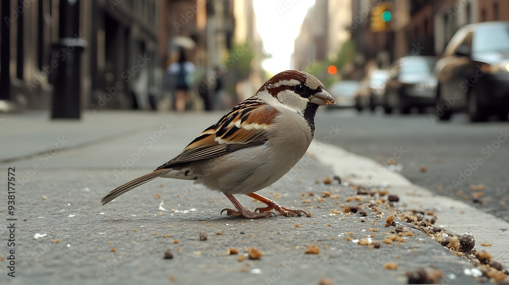 A House Sparrow (Passer domesticus) hopping along a city sidewalk, with ...