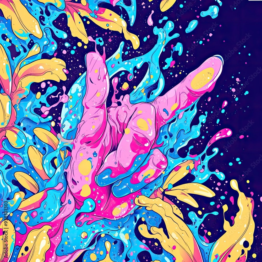 Hand drawn cover art design of hand, hyper maximalism color, heavy ...