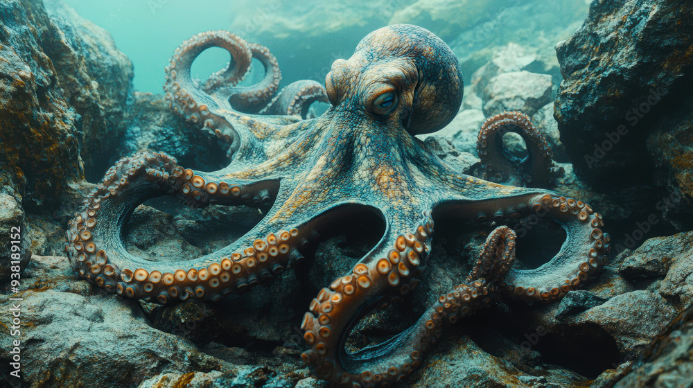 Vibrant octopus resting among rocks underwater, perfect for marine ...