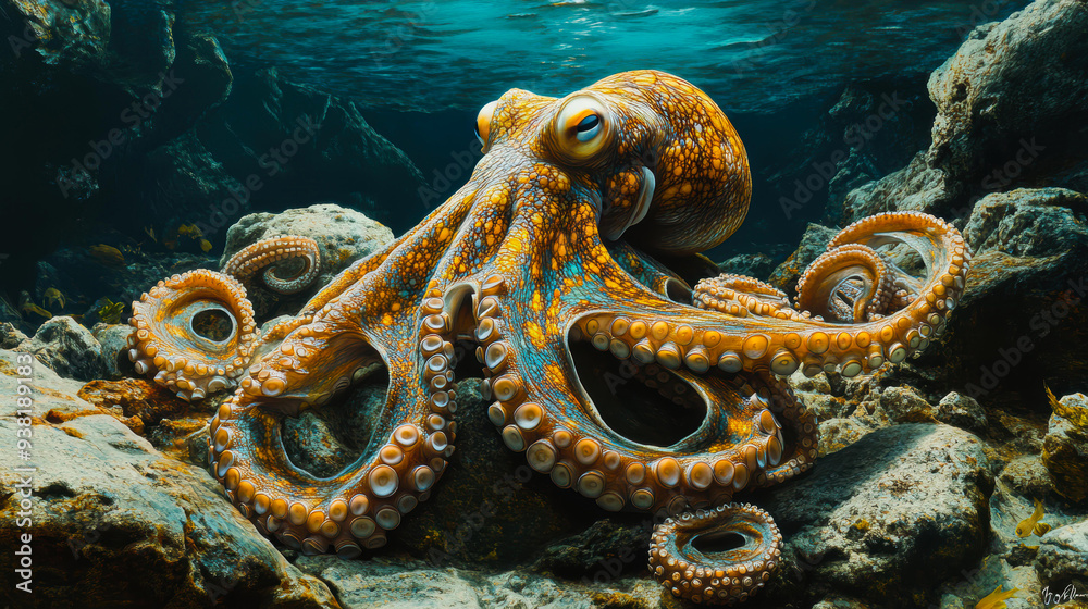 A vibrant octopus with tentacles sprawled out across underwater rocky ...